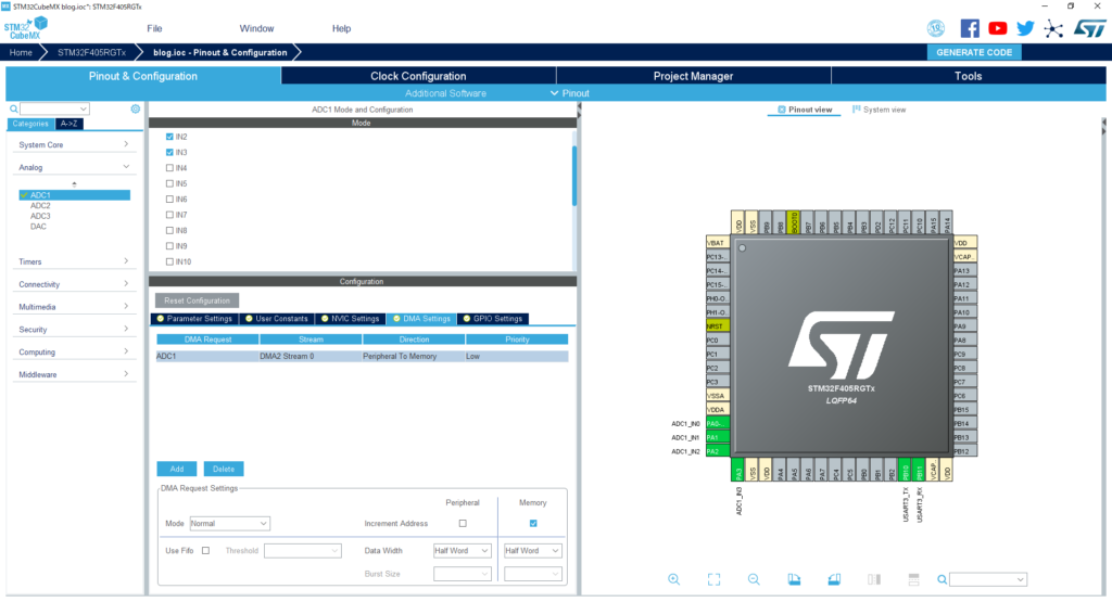 STM32 + LL でADCでDMAを使用した複数チャンネル変換を動かしてみる | Sora's Activity Record